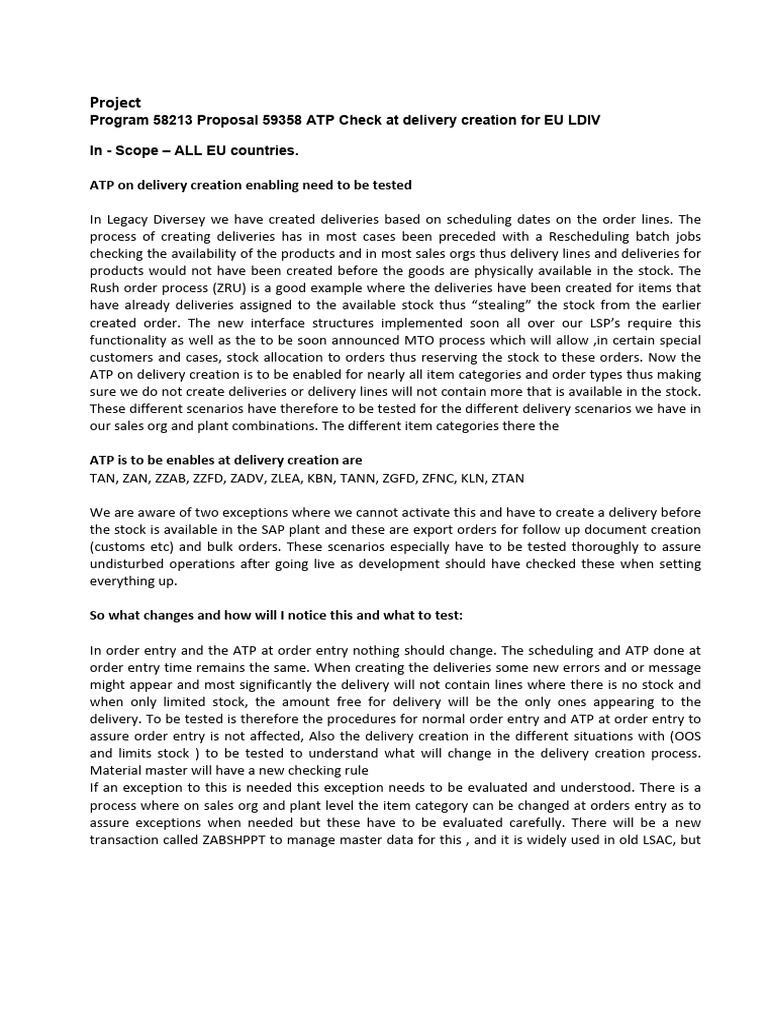 Proj CT : Program 58213 Proposal 59358 ATP Check at Delivery Creation ...