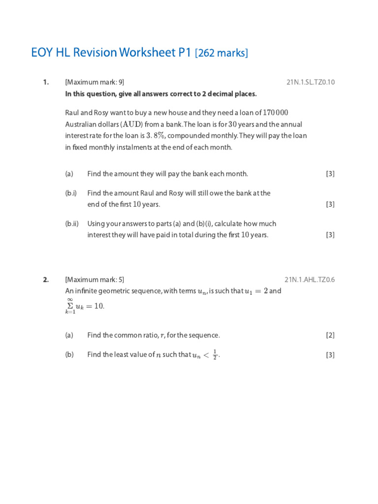 IBDP Mathematics Topic 1 To Topic 4 Revision Worksheet | PDF | Interest ...