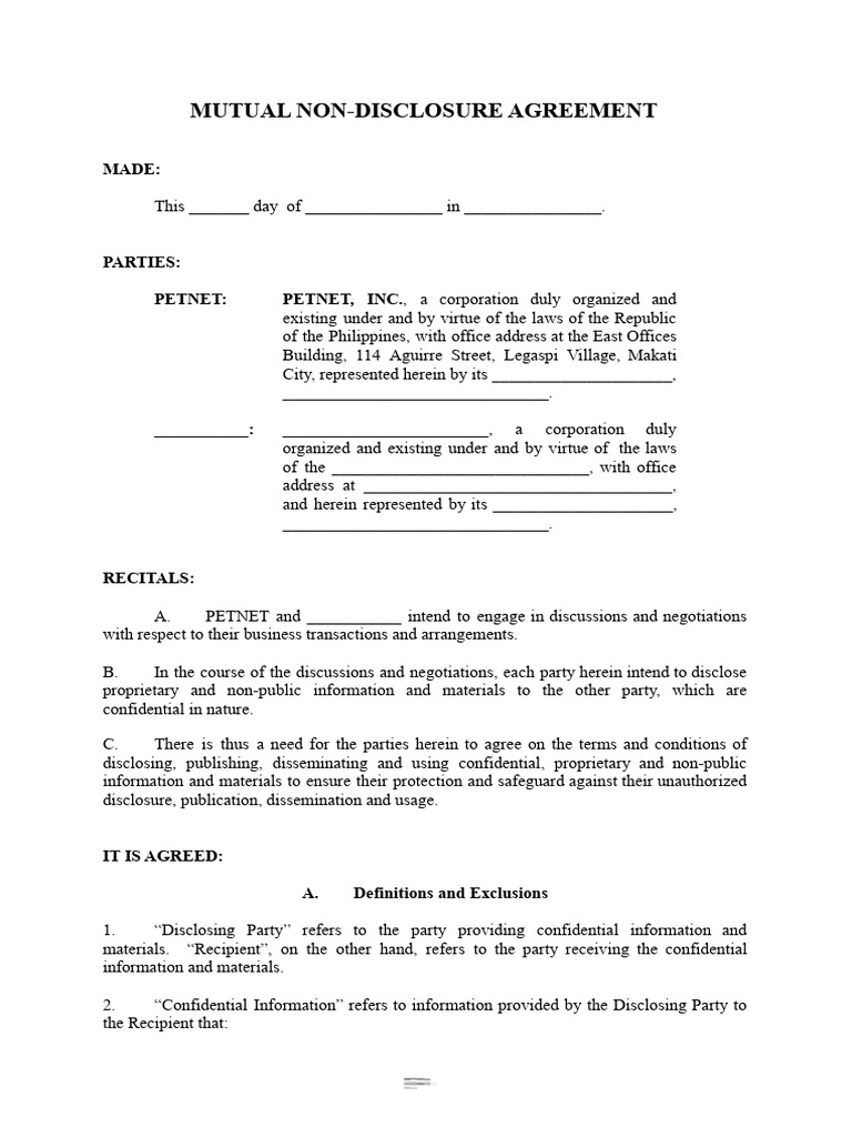 Mutual Non-Disclosure Agreement Template | PDF | Discovery (Law) | Confidentiality