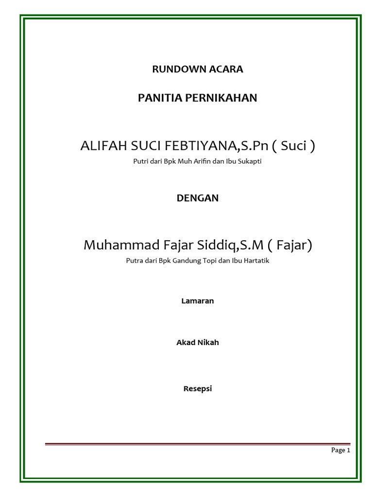 Rundown Acara Lamaran, Akad Nikah and Resepsi 16 Juni 2024 | PDF