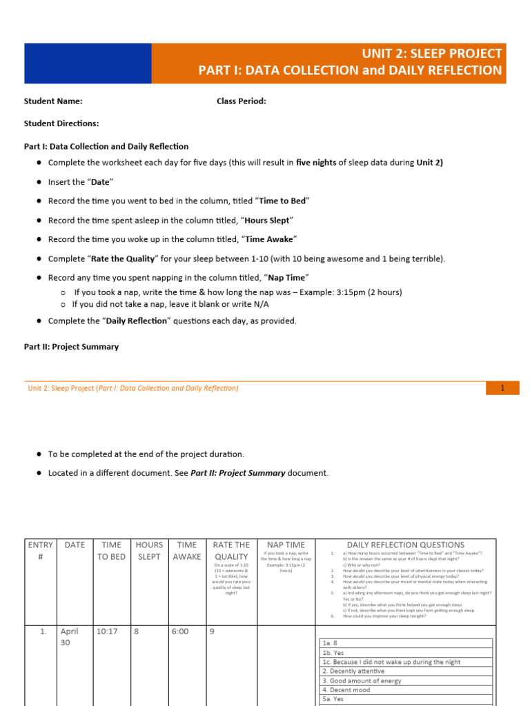 Unit 2 Sleep Project - Part I Data Collection and Daily Reflection | PDF | Sleep | Mood (Psychology)