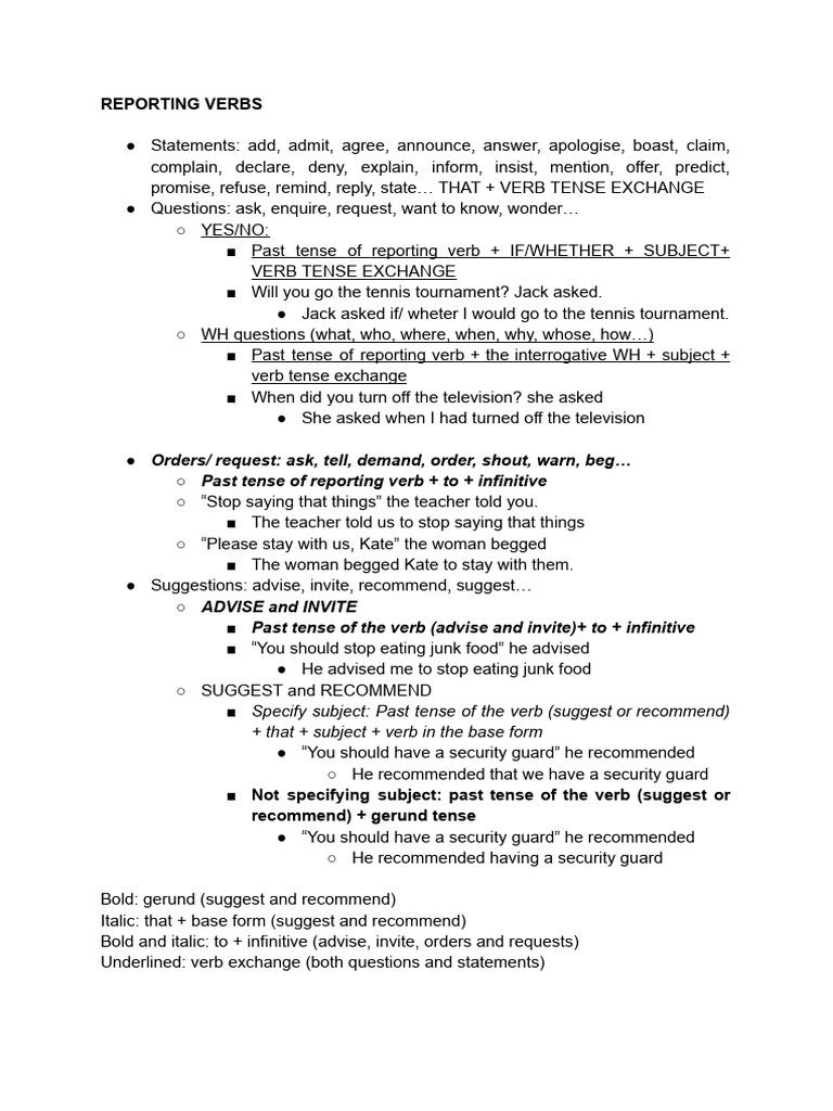 Reporting Verbs | PDF | Question | Syntax