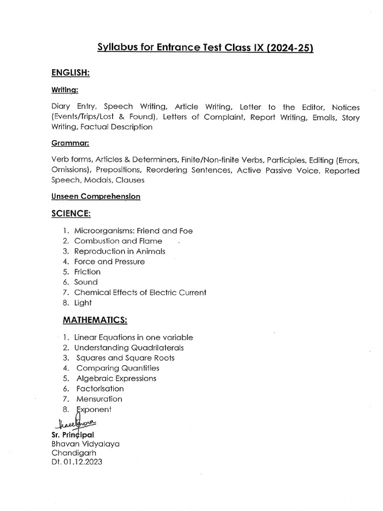 2023DecSat120th 1702709074 SYLLABUS FOR CLASS IX ENTRANCE 2024-25 | PDF