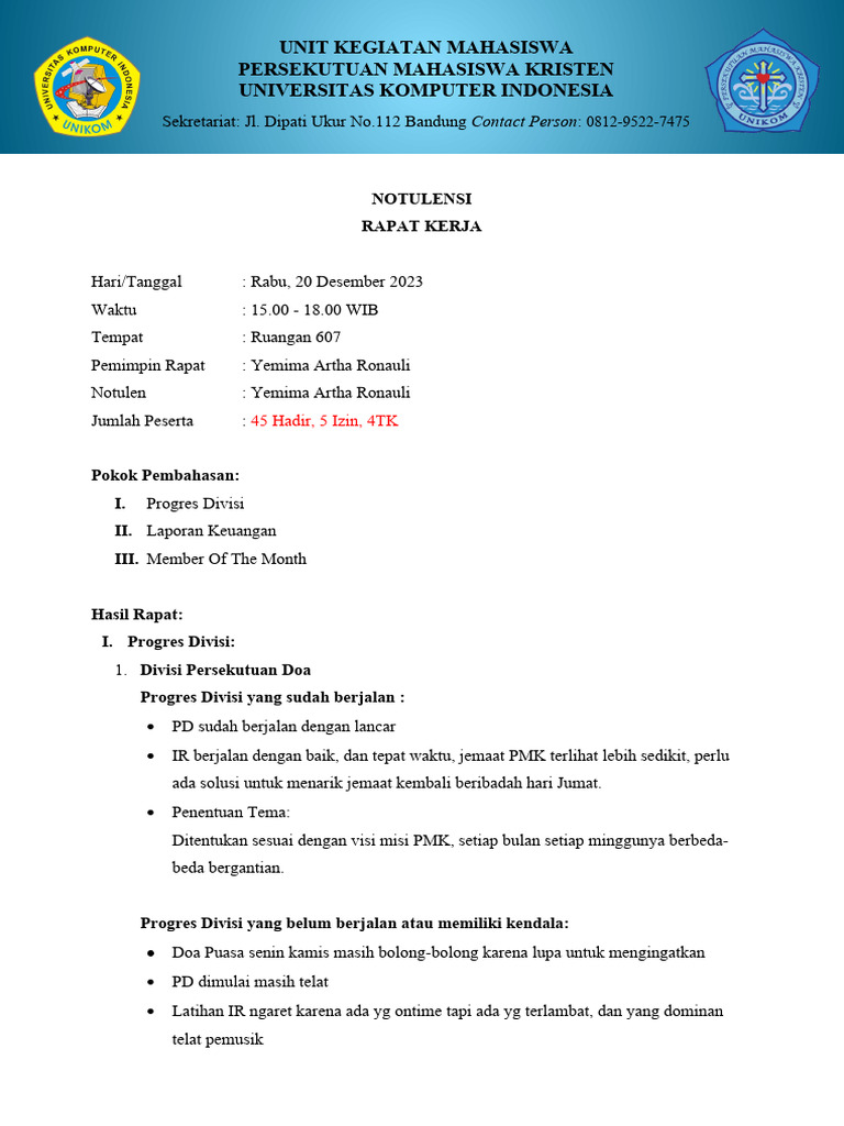 Rapat Progres dan Kendala PMK UNIKOM | PDF