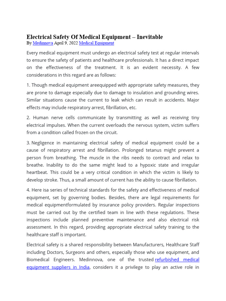 Electrical Safety of Medical Equipment | PDF | Medical Device | Safety