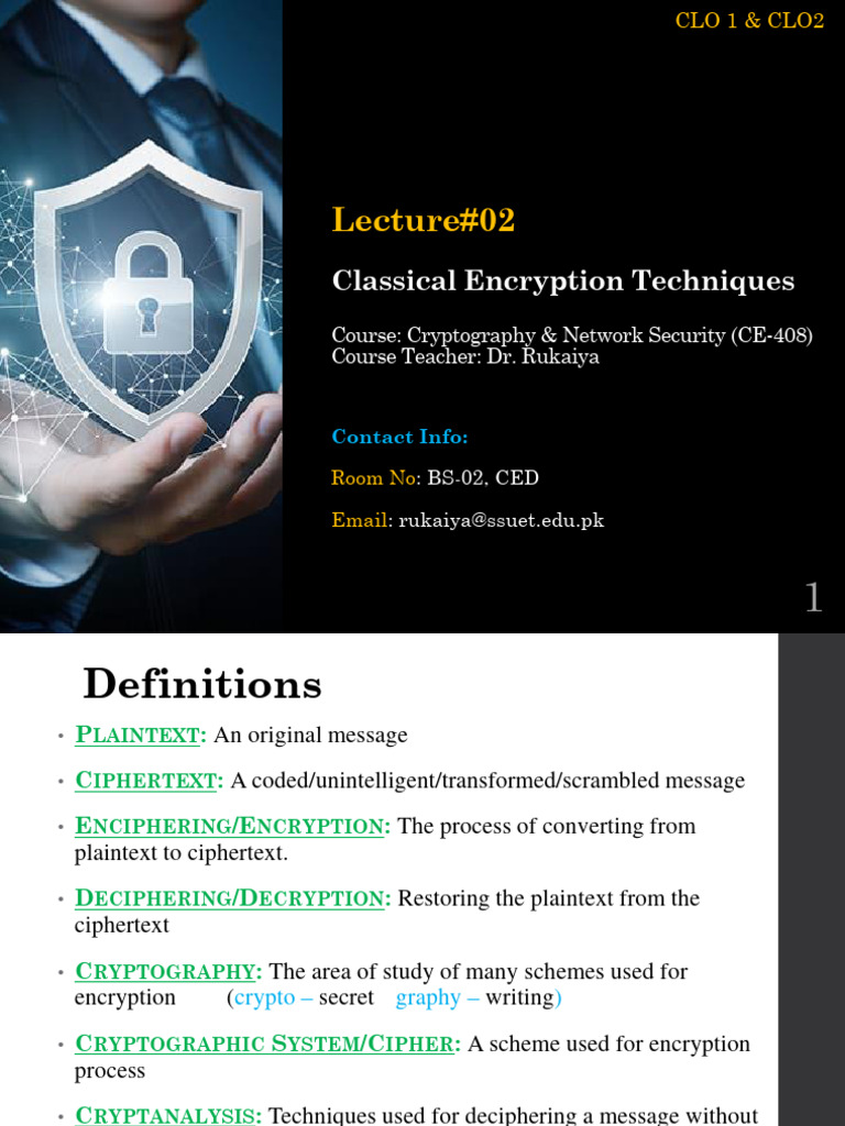 Lecture#02 - Classical Encryption Techniques | PDF | Cryptography | Cryptanalysis