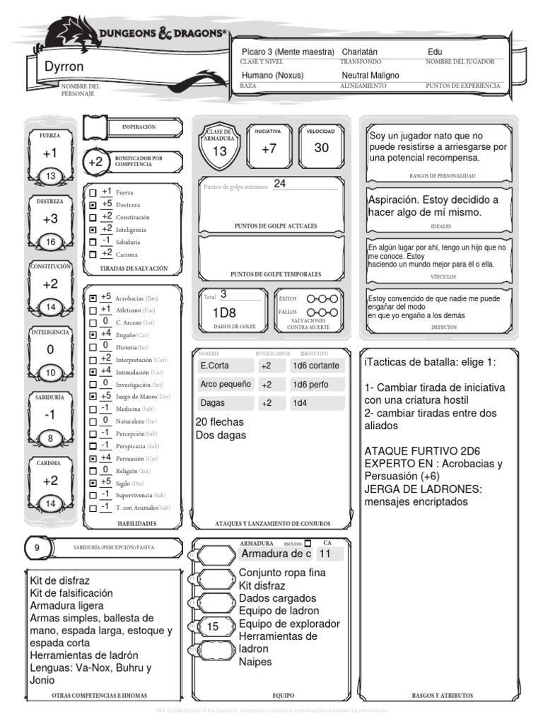 Ficha de Personaje: Pícaro Dyrron | PDF