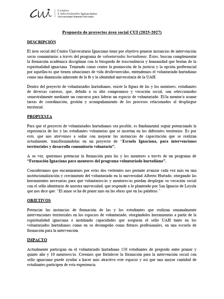 Propuesta de Proyecto Área Social CUI (2025-2027) | PDF