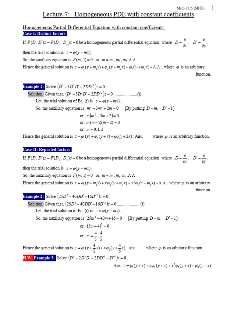 Lecture-7 Homogeneous PDE With Constant Coefficients | PDF | Partial Differential Equation ...