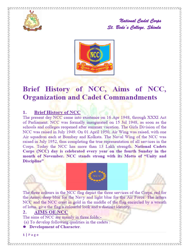 Brief History Aims of NCC Organisation and Cadet Commandments | PDF ...