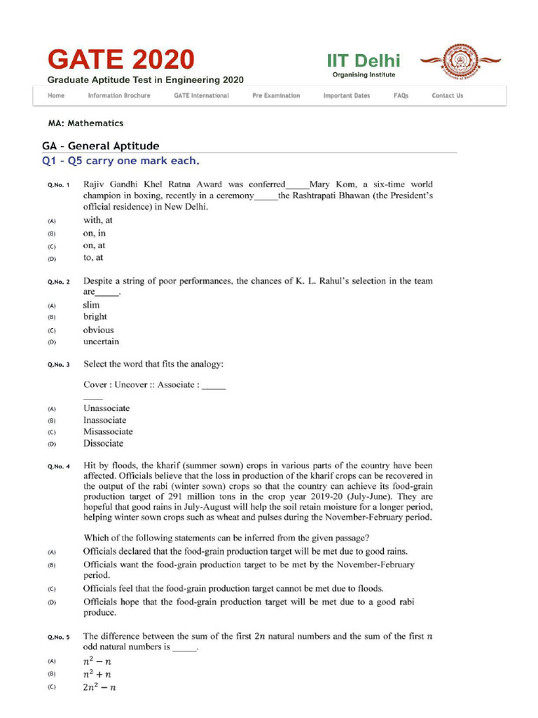 GATE Mathematics 2020 | PDF