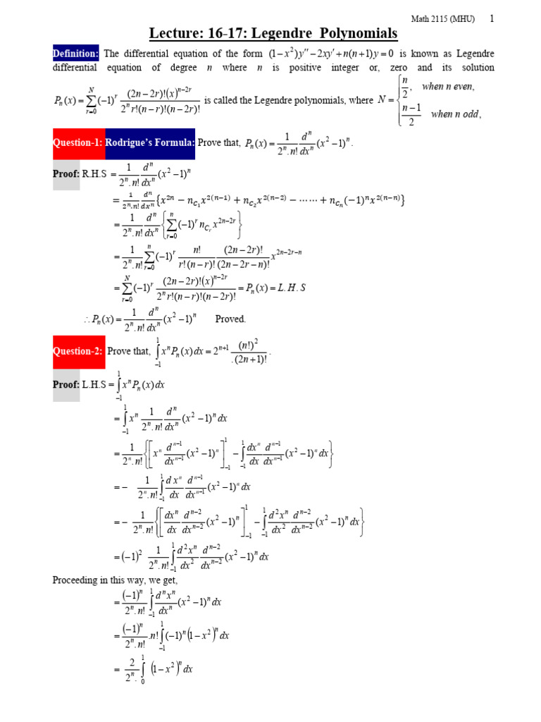 Lecture-16-17 Legendre Polynomials | PDF | Mathematical Analysis | Combinatorics