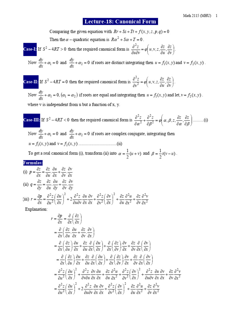 Lecture-18 Canonical Form | PDF | Partial Differential Equation | Algebra