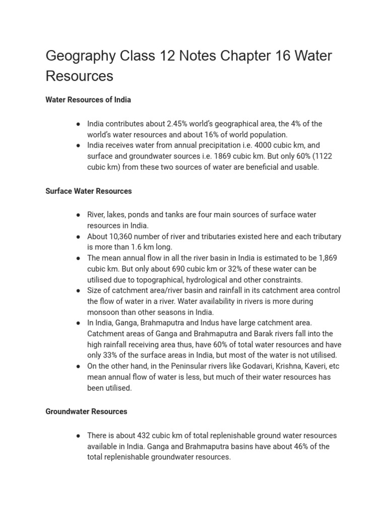 Geography Class 12 Notes Chapter 16 Water Resources | PDF | Groundwater ...