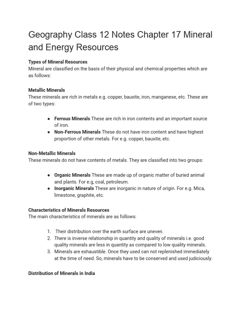 Geography Class 12 Notes Chapter 17 Mineral and Energy Resources | PDF ...
