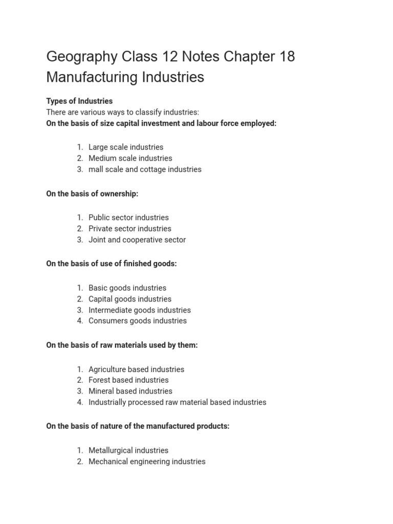Geography Class 12 Notes Chapter 18 Manufacturing Industries | PDF ...