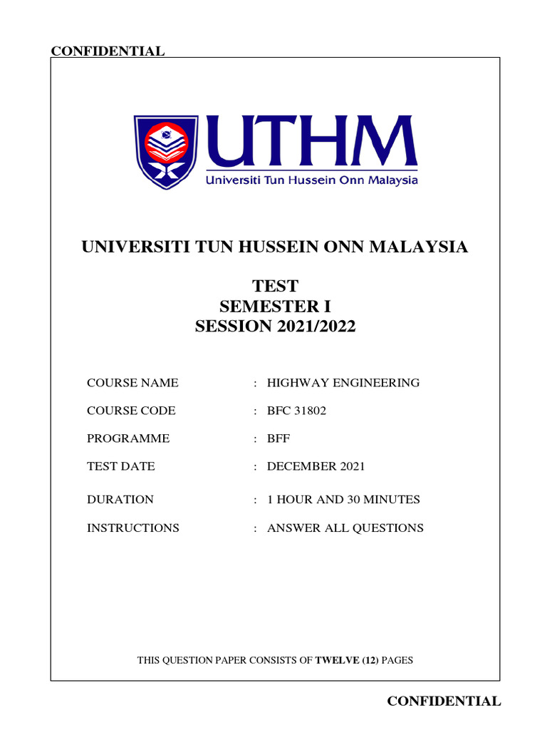 UTHM Highway Engineering Test Paper | PDF | Civil Engineering | Road ...
