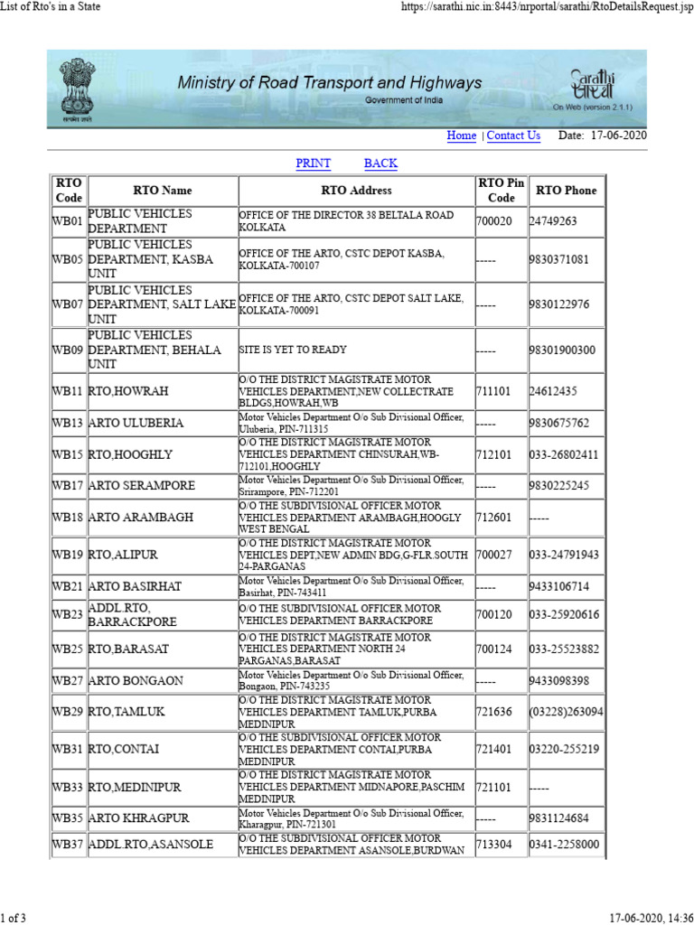West Bengal Rto Code List | Download Free PDF | Government Of India ...