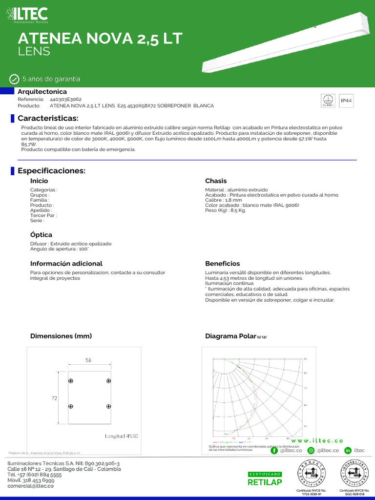 Atenea Nova 2,5 LT Lens E25 4530x58x72 Sobreponer Blanca | PDF | Ingenieria Eléctrica | Electricidad