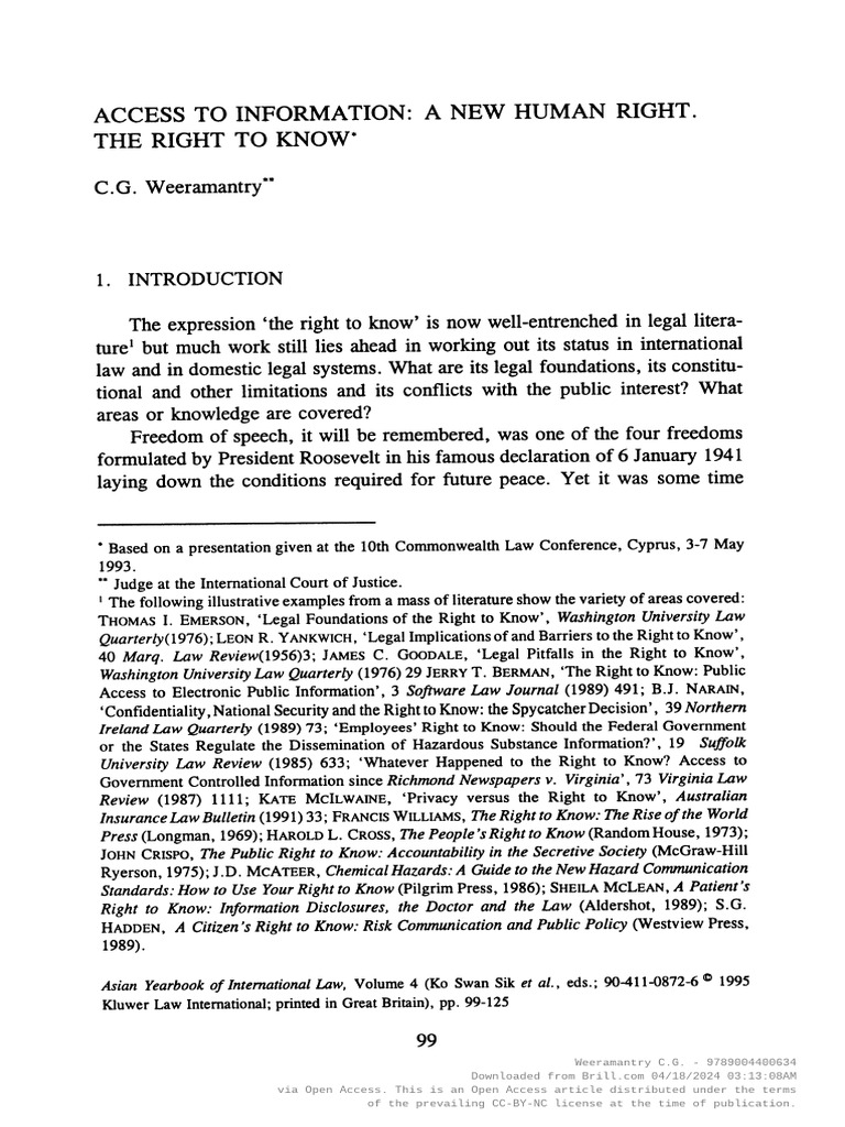 Access To Information: A New Human Right. The Right To Know' | PDF ...