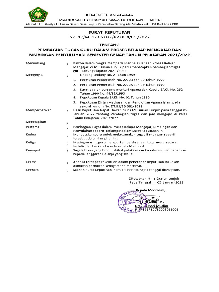 SK Pembagian Tugas Pelajaran 20212022 Semester Genap | PDF