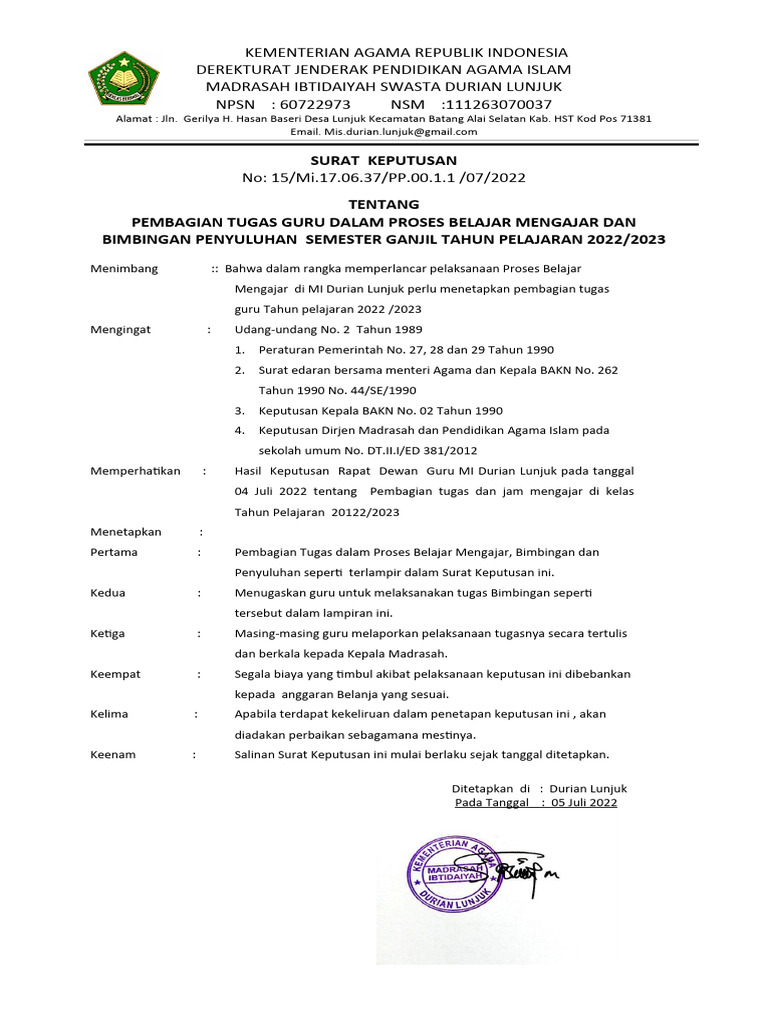 SK Pembagian Tugas Pelajaran 20222023 Semester Ganjil | PDF
