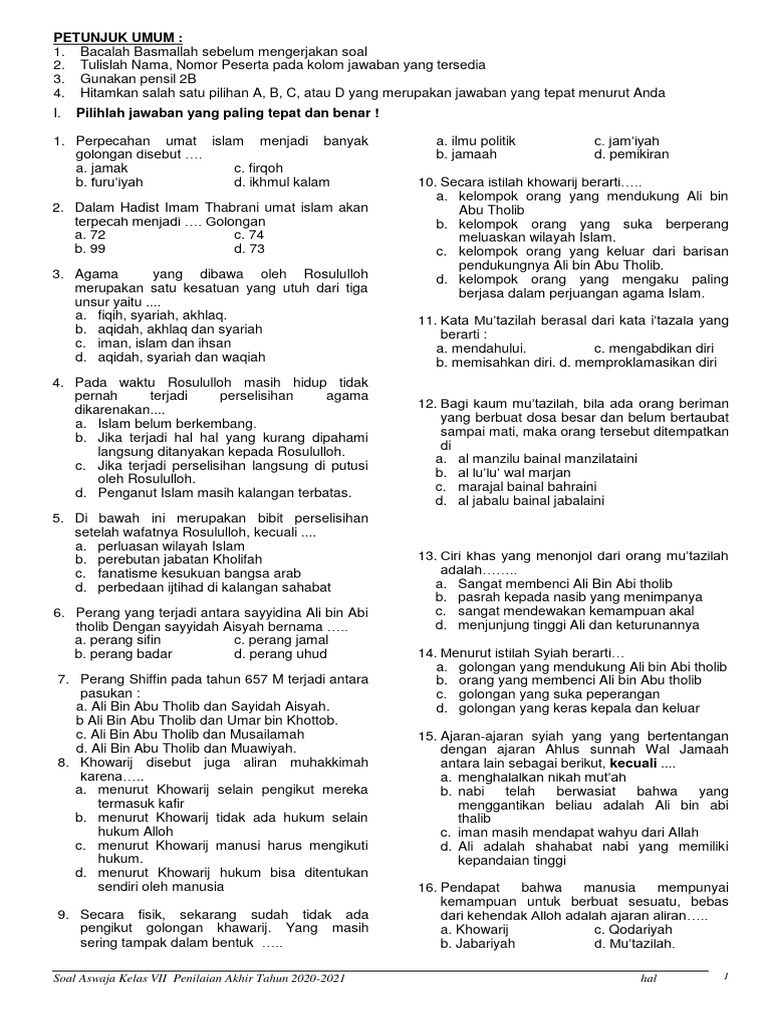 SOAL ASWAJA KLS 8 GENAP 2020-2021 Fix | PDF