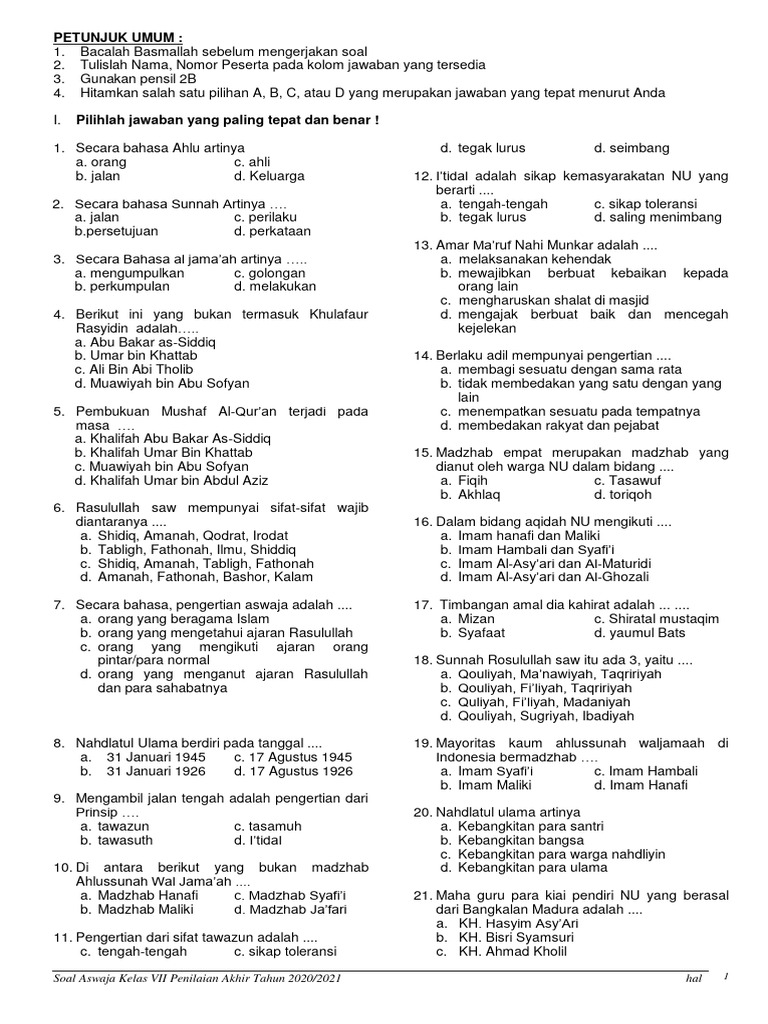 SOAL ASWAJA KLS 7 GENAP 2020-2021 Fix | PDF