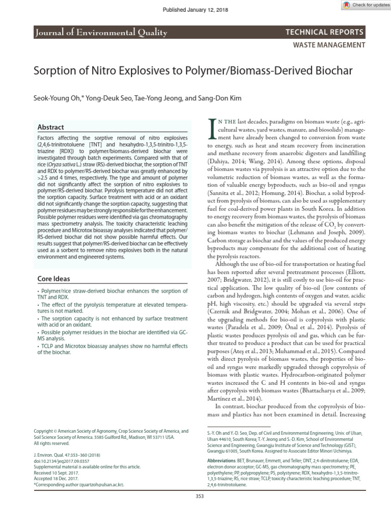 J of Env Quality - 2018 - Oh - Sorption of Nitro Explosives To Polymer Biomass Derived Biochar ...