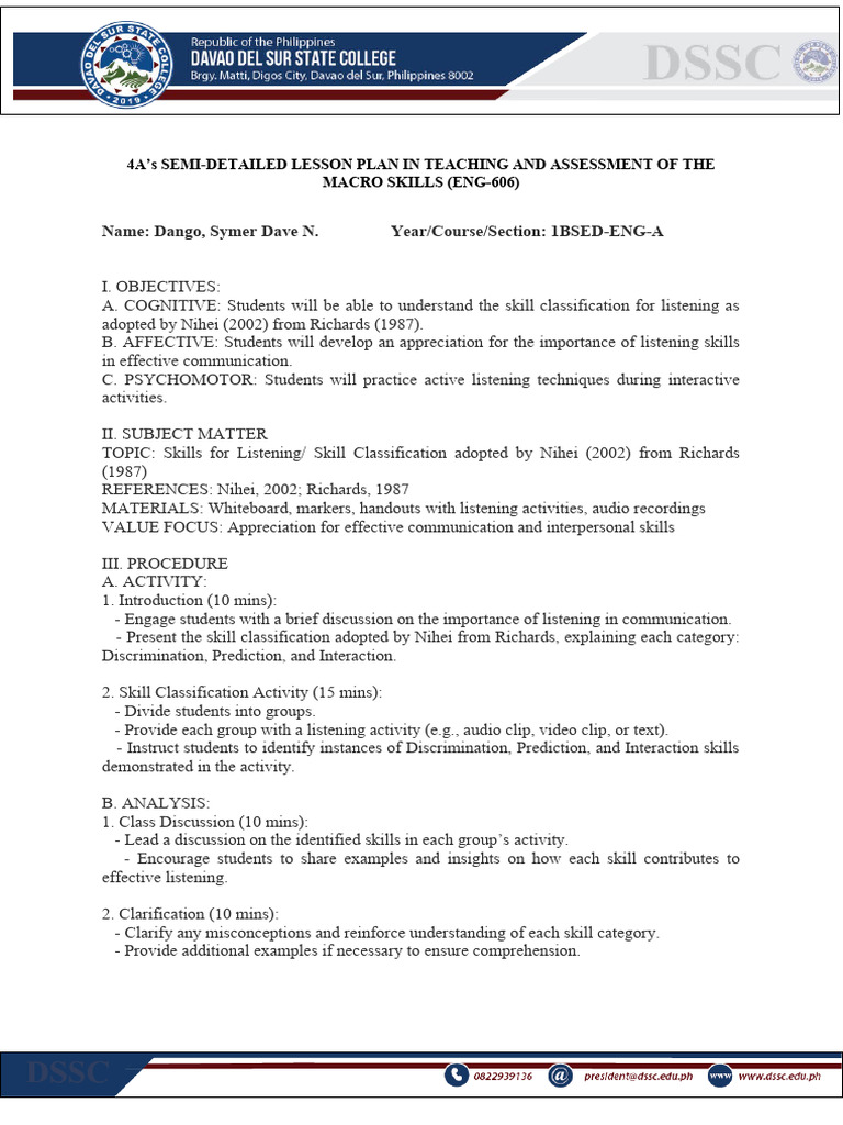 4a's Lesson Plan (Eng-606) | PDF | Lesson Plan | Communication