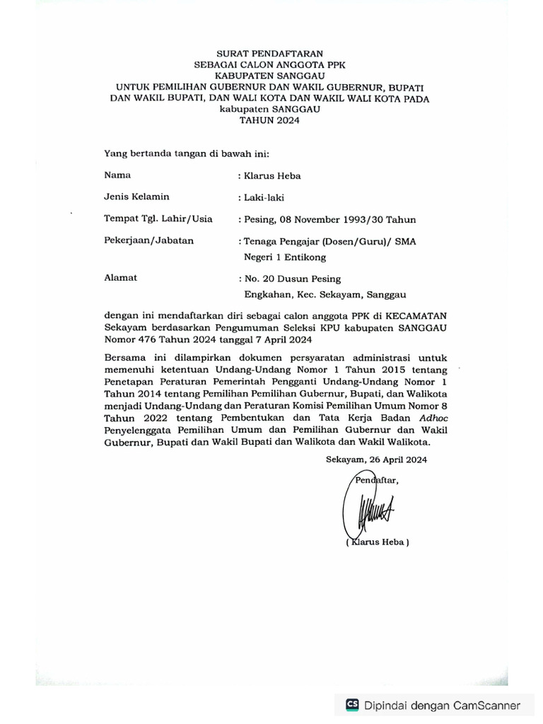 Contoh Surat Pendaftaran PPK | PDF