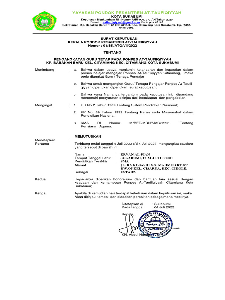 SK Ervan Pengangkatan Guru Pesantren | PDF