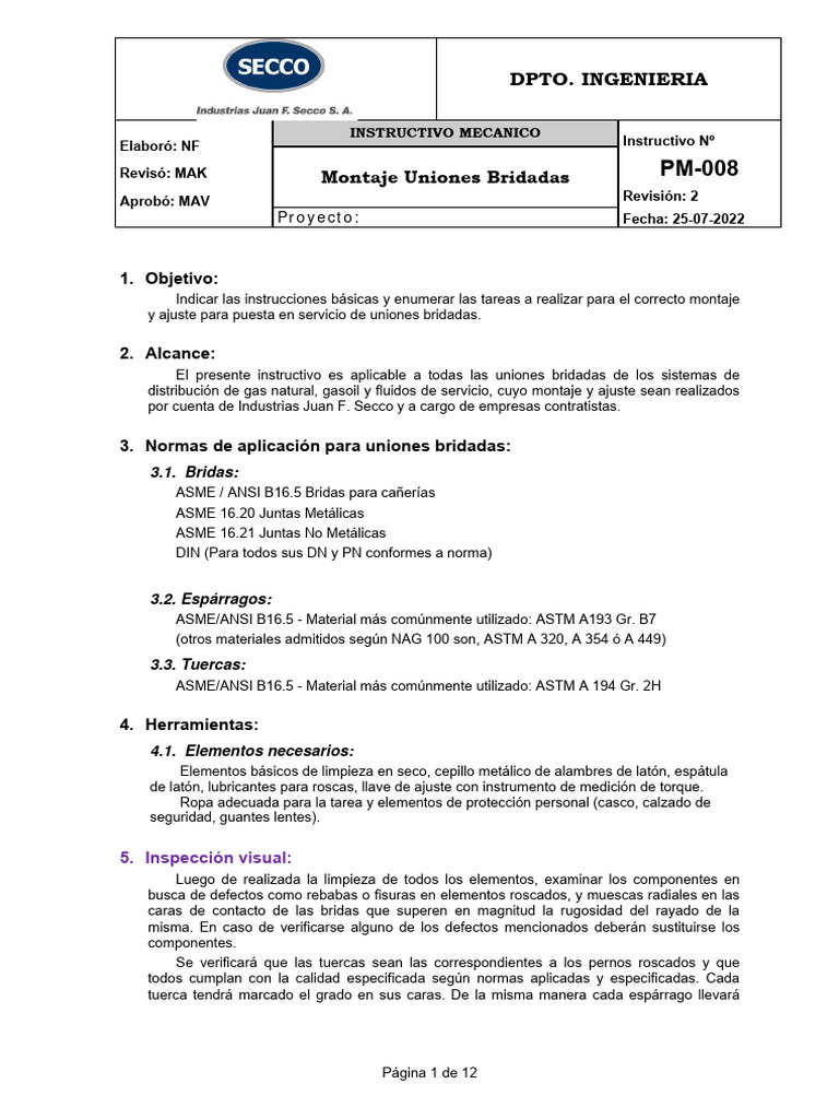 Instructivo de Montaje de Uniones Bridadas | PDF | Tornillo | Tuerca ...