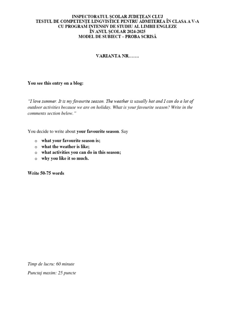 Model Proba-Scrisa 2024 | PDF