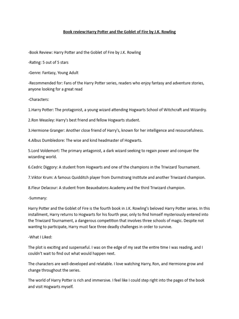 Book Review:harry Potter and The Goblet of Fire by J.K. Rowling | PDF ...