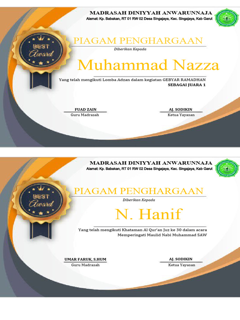 Format Piagam 2020 OK Laki Laki | PDF