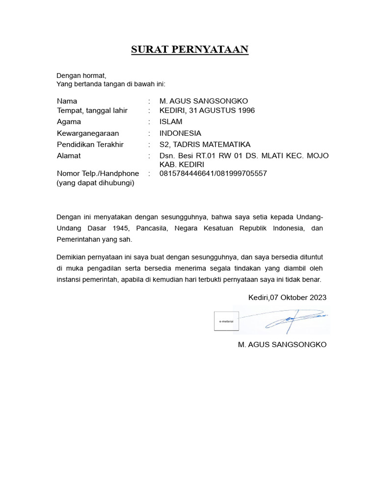 Surat Pernyataan Taat Uud45 | PDF