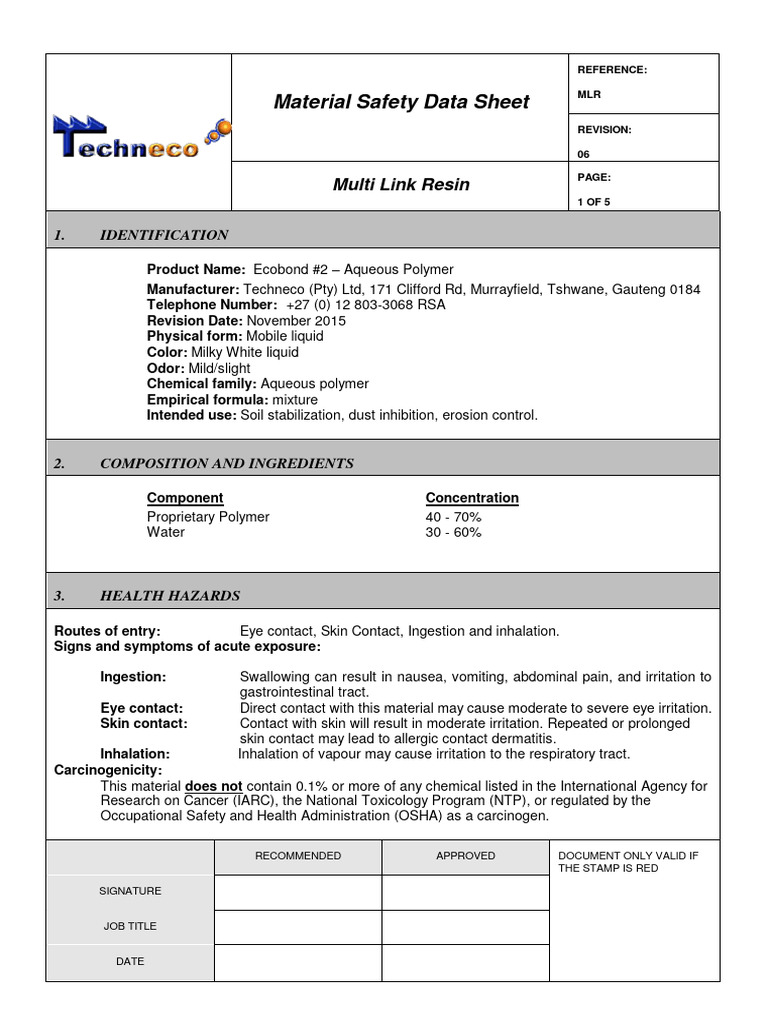 MSDS Ecobond #2d Multilink Resin | PDF | Firefighting | Toxicity