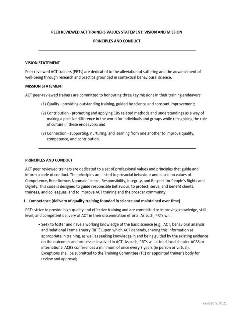 Peer Reviewed ACT Trainers Values Statement - Approved 12-2021 | PDF ...