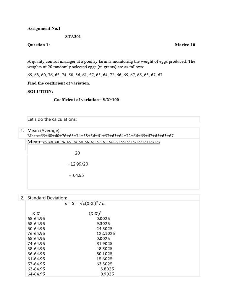 Assignment 1 Sta301 | PDF | Coefficient Of Variation | Statistical Analysis Assignment 1 Sta301 | PDF | Coefficient Of Variation | Statistical Analysis