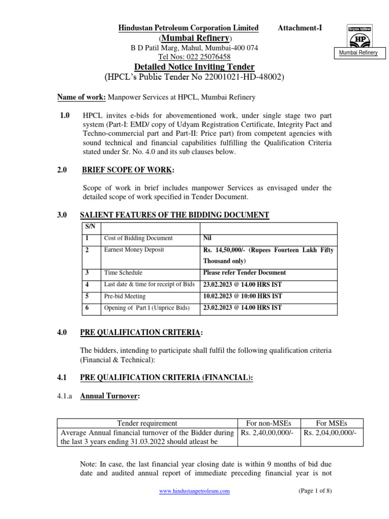 (HPCL's Public Tender No 22001021-HD-48002) : Mumbai Refinery | PDF ...