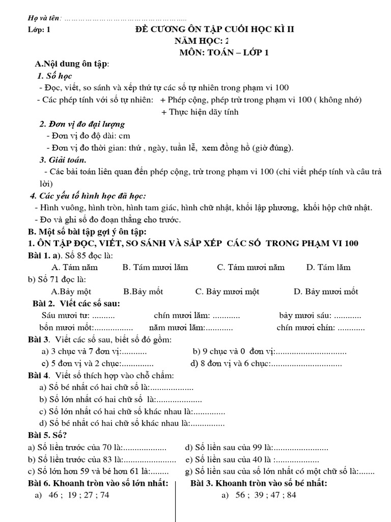 ĐỀ CƯƠNG TOÁN 1 -CHK2 | PDF