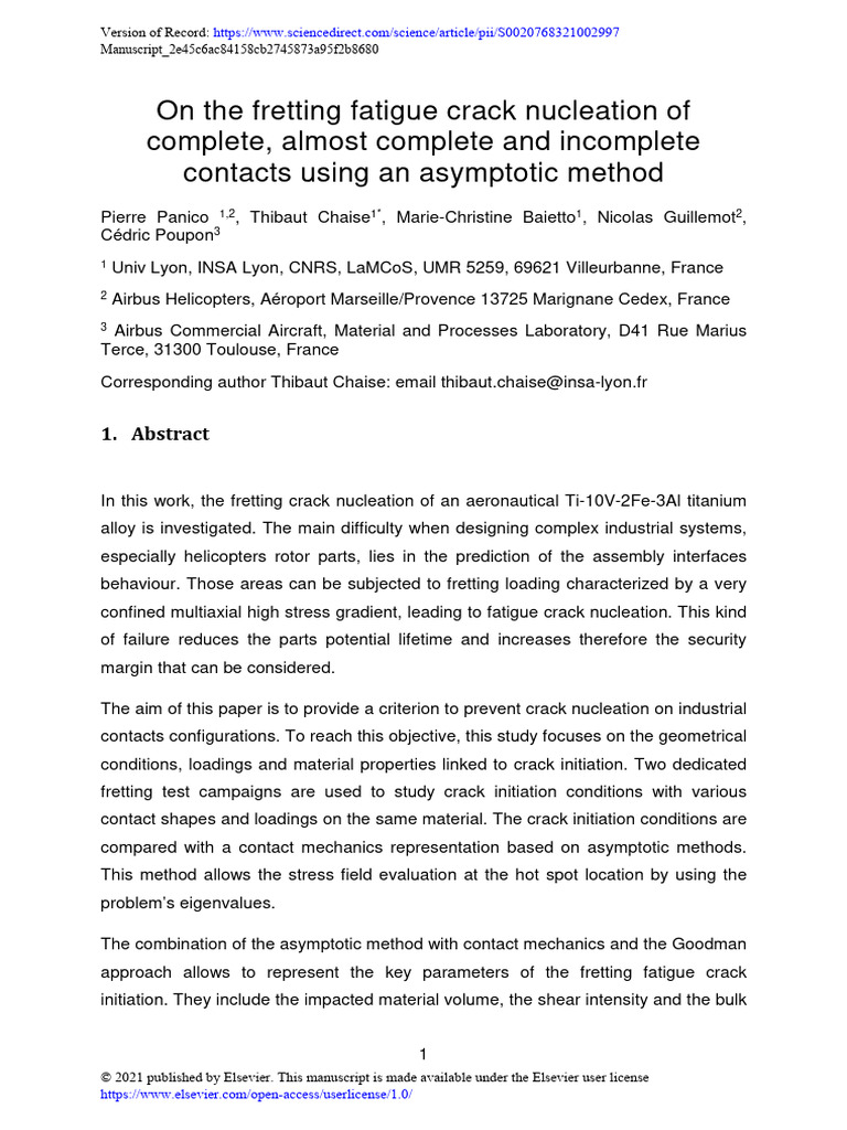 On The Fretting Fatigue Crack Nucleation of Complete, Almost Complete ...