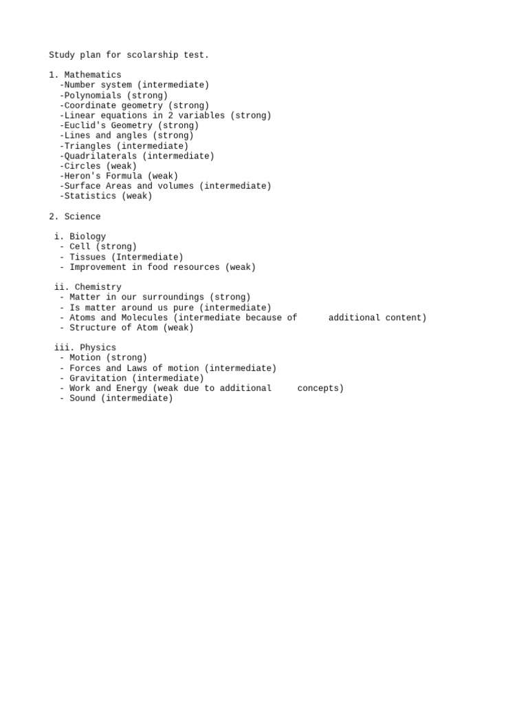 Study Plan For Scolarship | PDF
