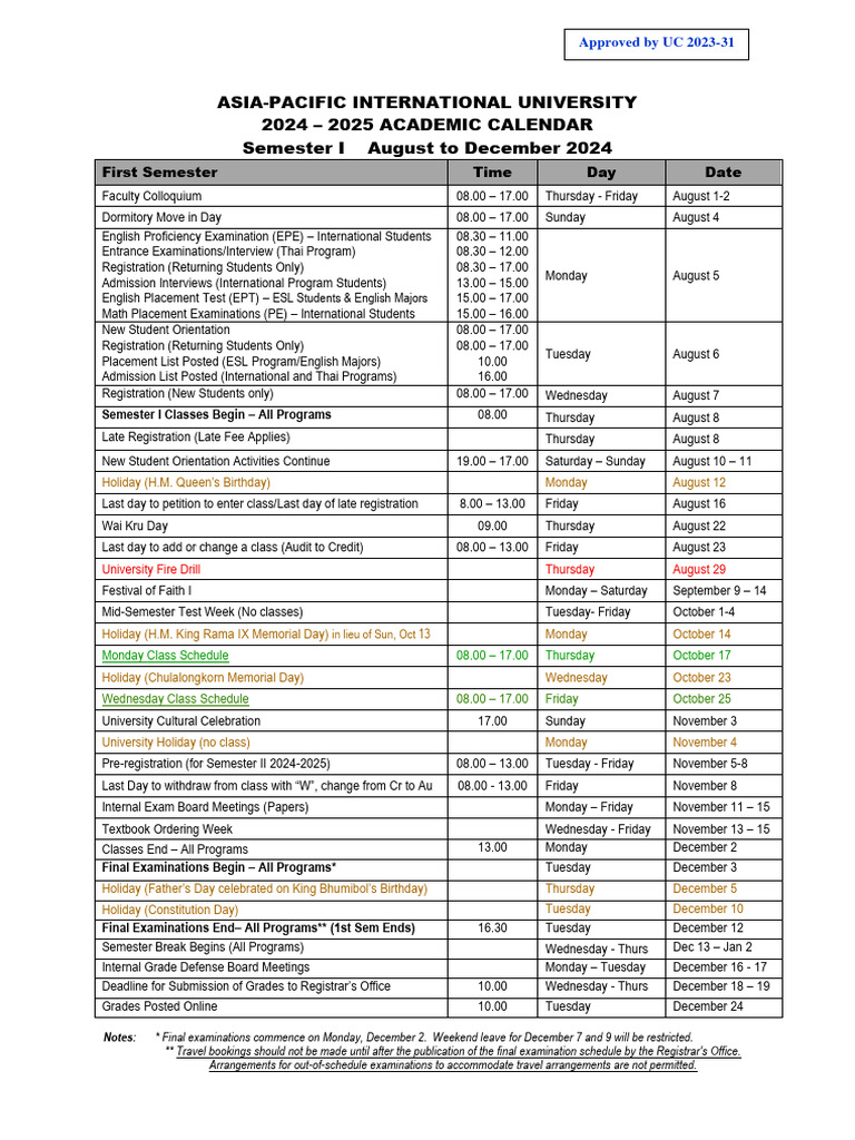 Asia-Pacific International University 2024 - 2025 Academic Calendar Semester I August To ...