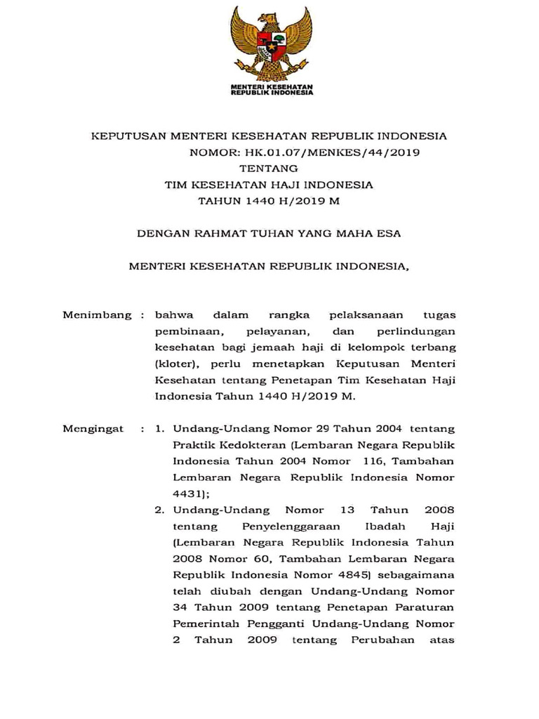 KMK No HK 01 07 MENKES 44 2019 TTG Tim Kesehatan Haji Indonesia Tahun 1440 H 2019 M 11zon 1 ...