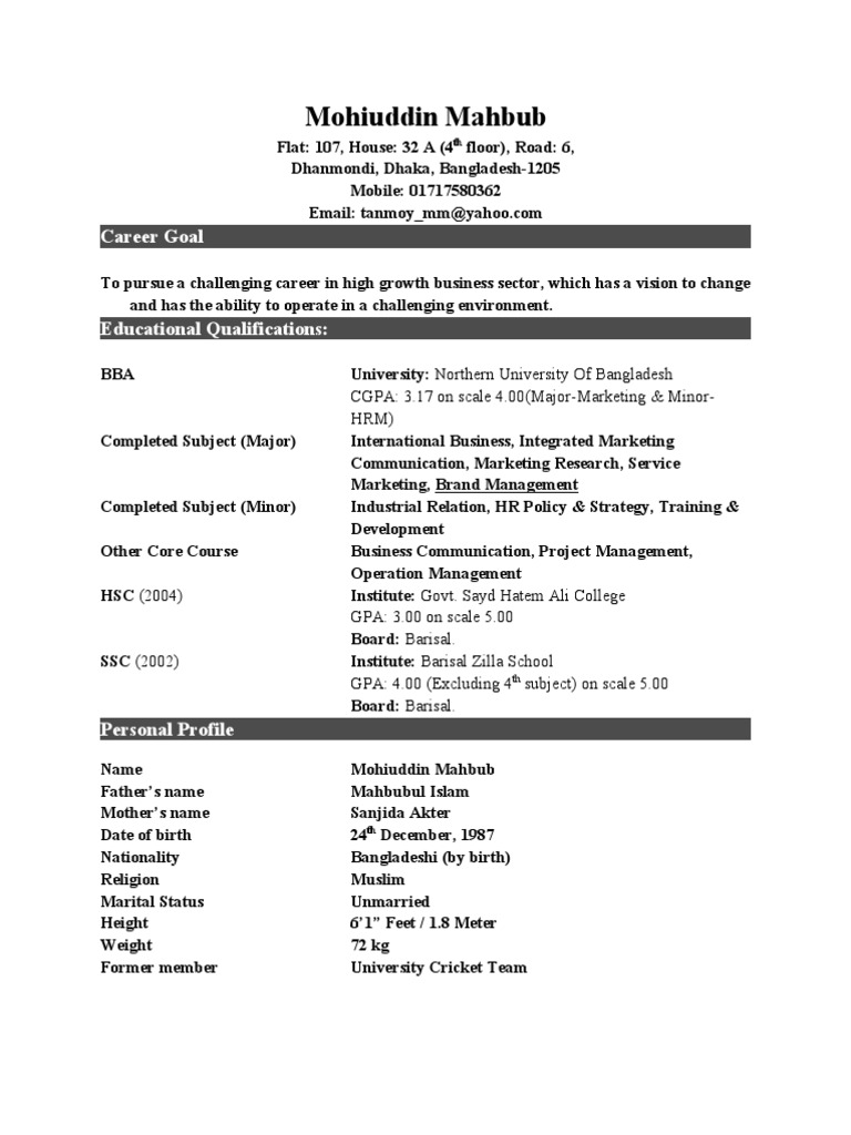 Mohiuddin Mahbub - BBA Graduate Resume | PDF