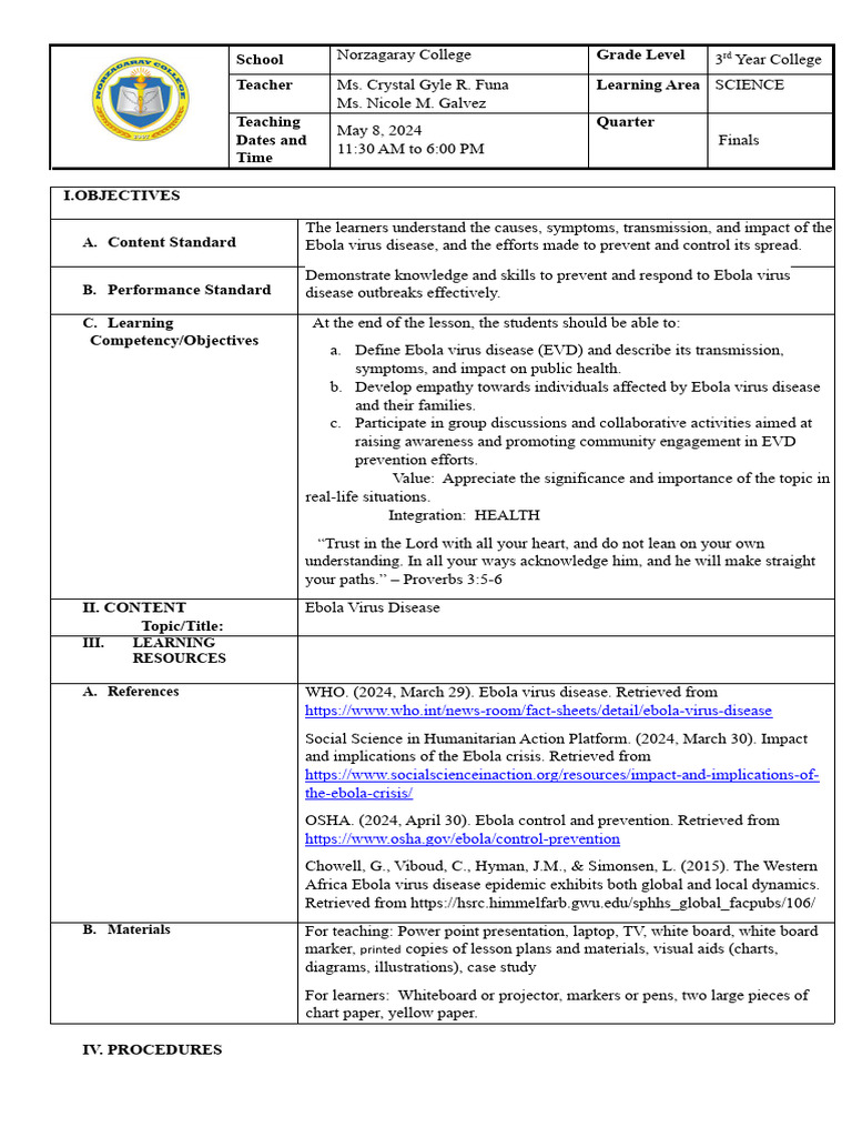 7es Detailed Lesson Plan in Bio 3 (Ebola Virus Disease) | PDF | Health ...