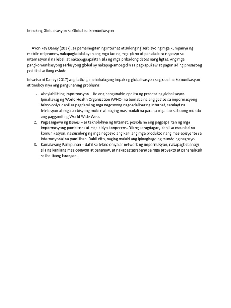 Impak NG Globalisasyon Sa Global Na Komunikasyon | PDF