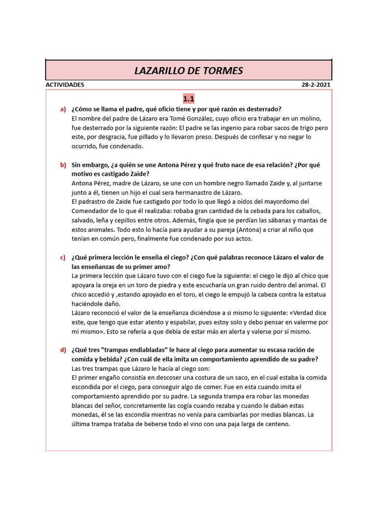 Lazarillo de Tormes - Actividades | PDF | Vino